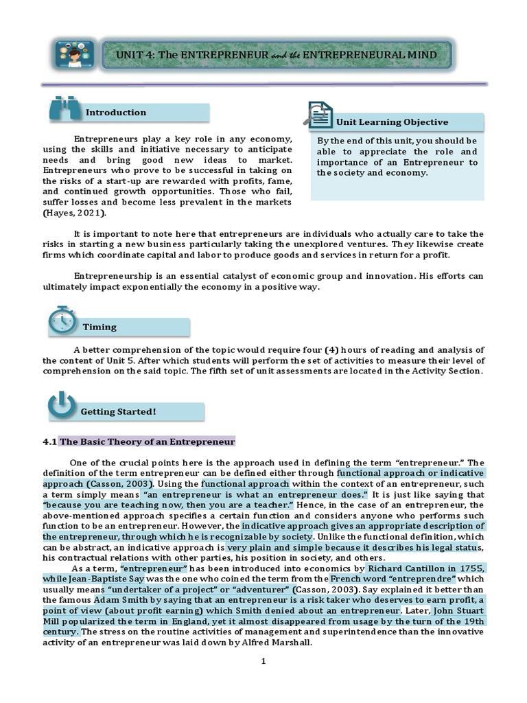 UNIT 4 - The ENTREPRENEUR | PDF