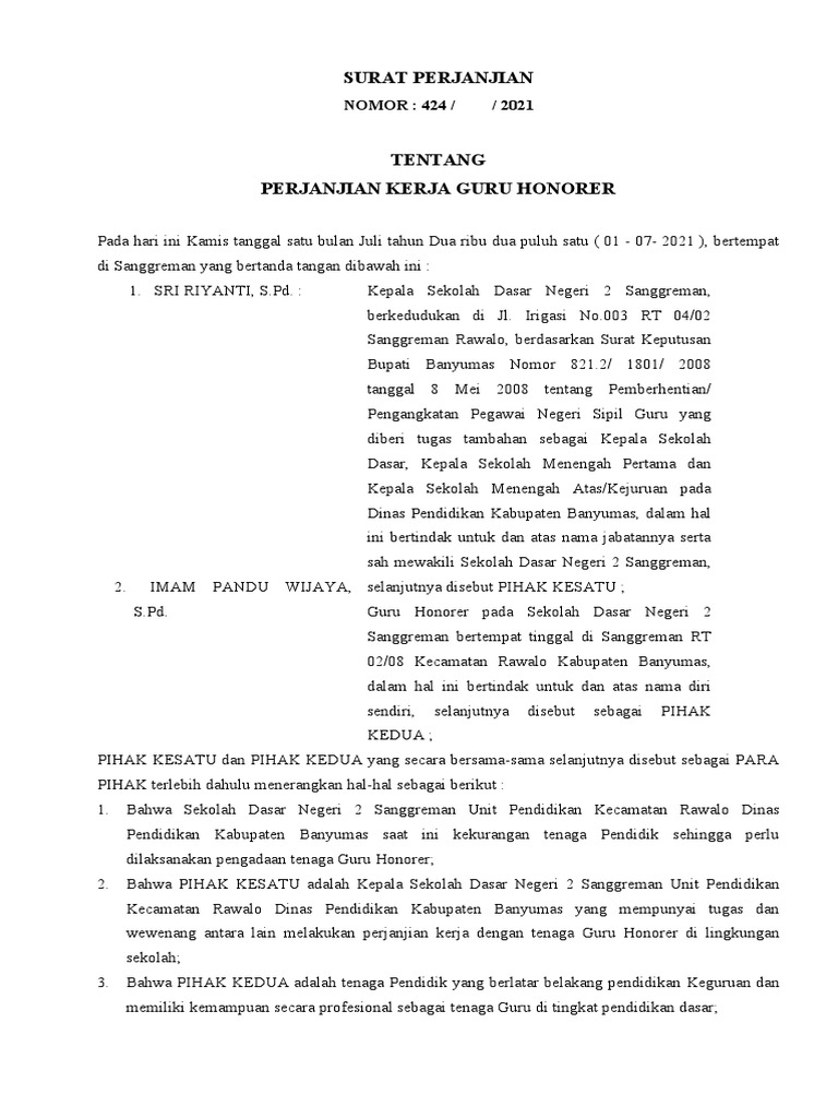 SURAT PERJANJIAN KERJA WB Pandu 2021 | PDF