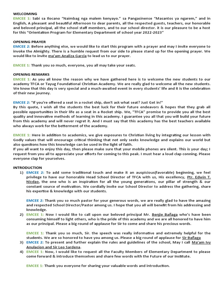 Script For Orientation | PDF