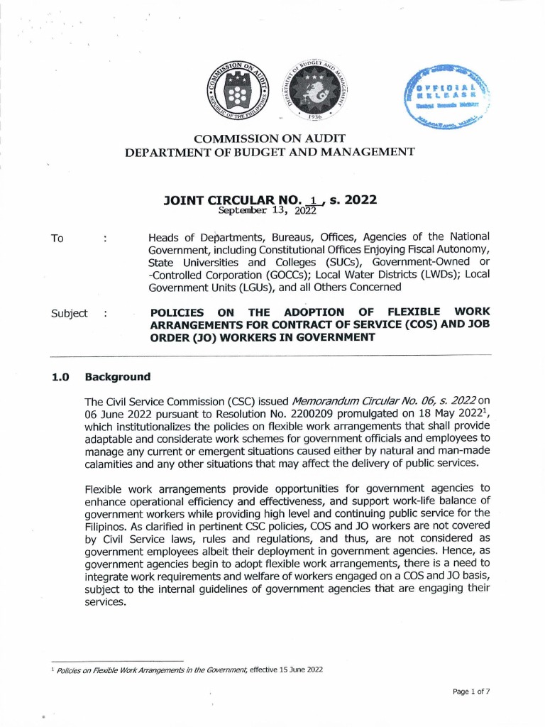 COA DBM JOINT CIRCULAR NO 1 S, 2022 | PDF | Overtime | Employment