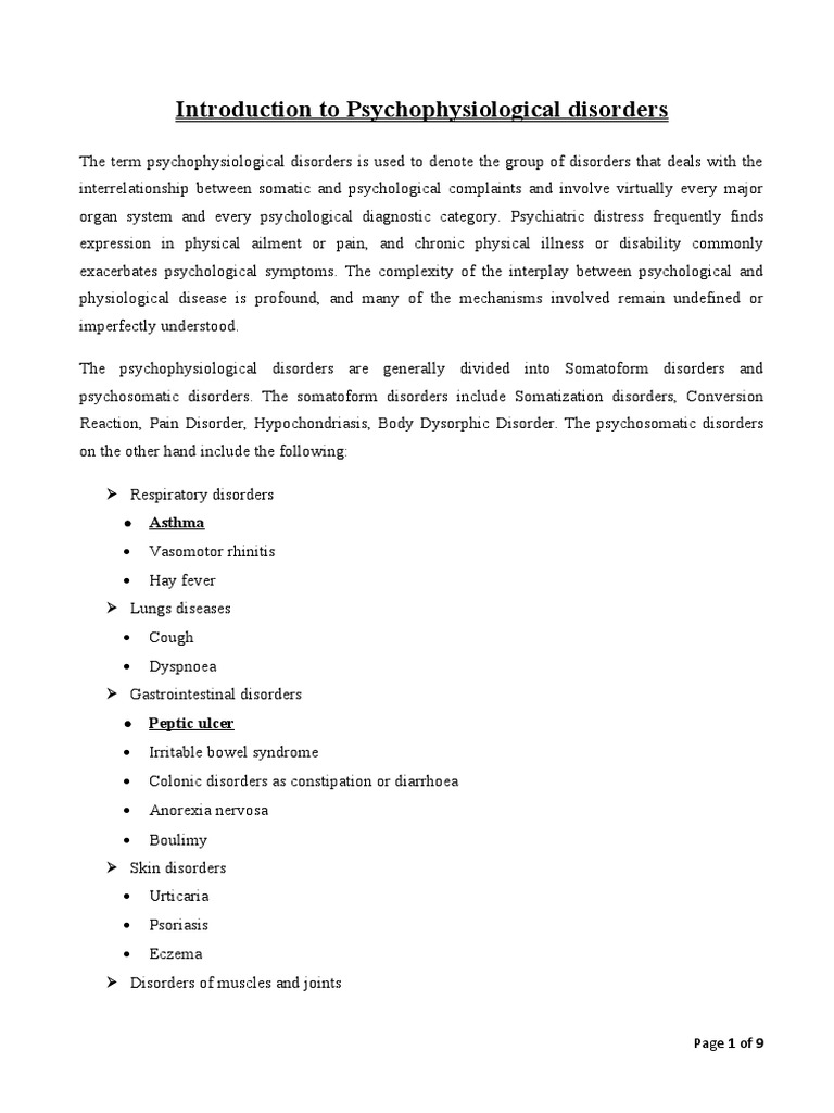 Intro To Psychophysiological Disorders | PDF | Psychology | Hysteria