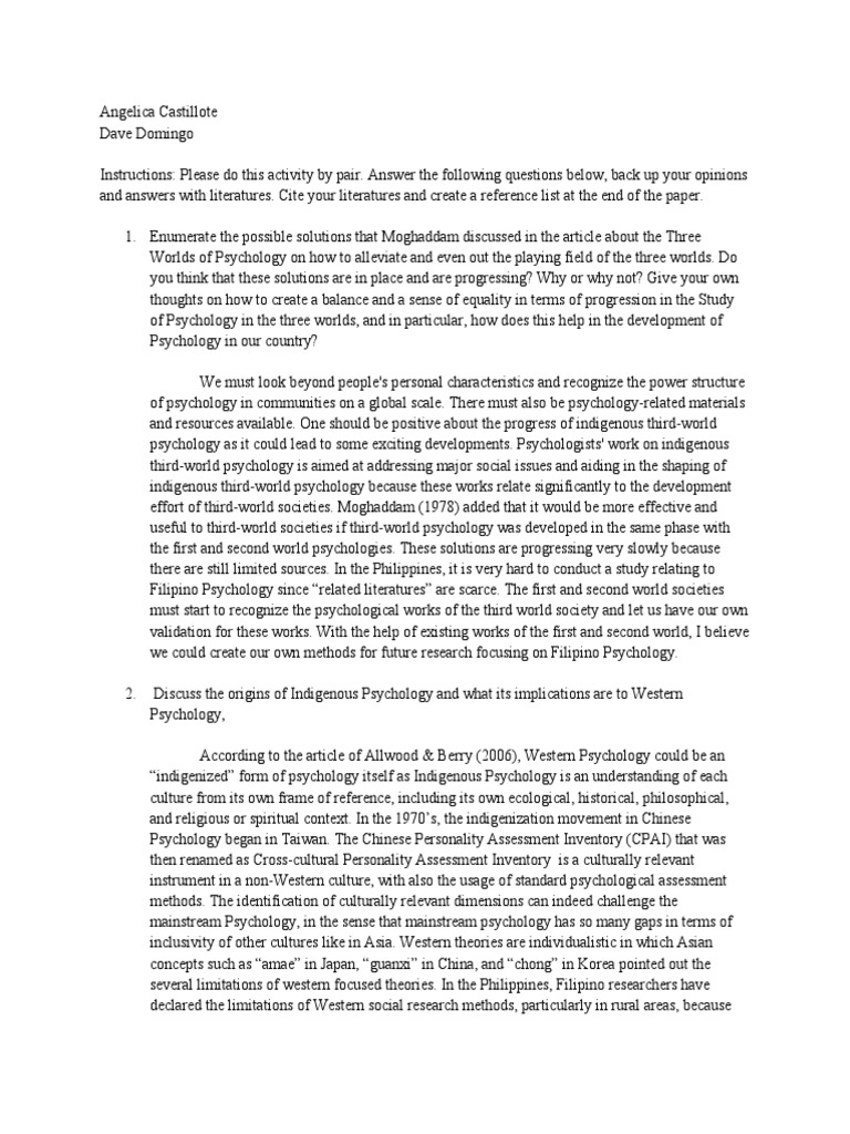 Activity 1 - Filipino Psych Assignment | PDF | Psychology | Cognitive Science