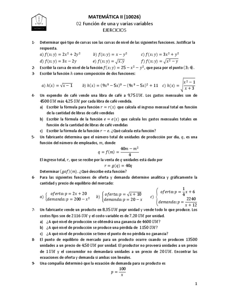 02 Funcion de Una y Varias Variables EJERCICIOS | PDF | Precios ...