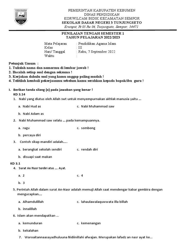 SOAL PTS PAI KELAS 3 Yes | PDF