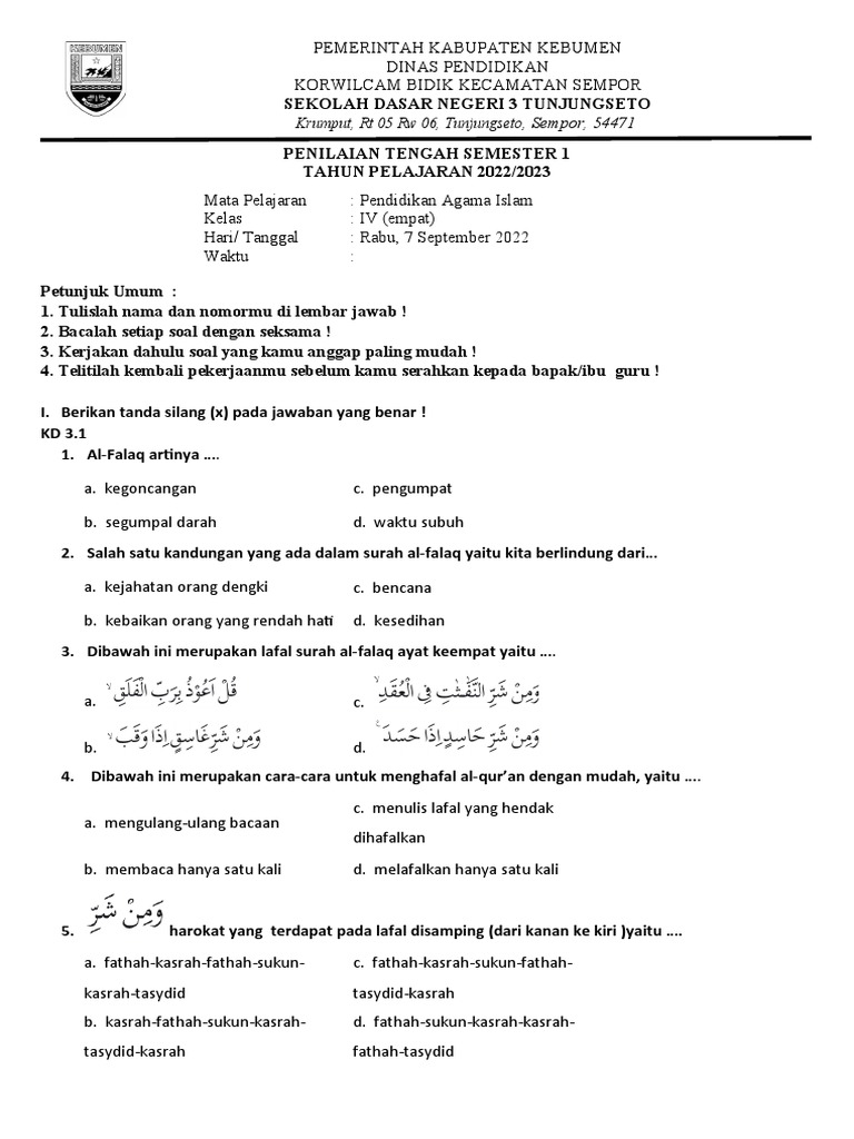Soal PTS Pai Kelas 4 | PDF