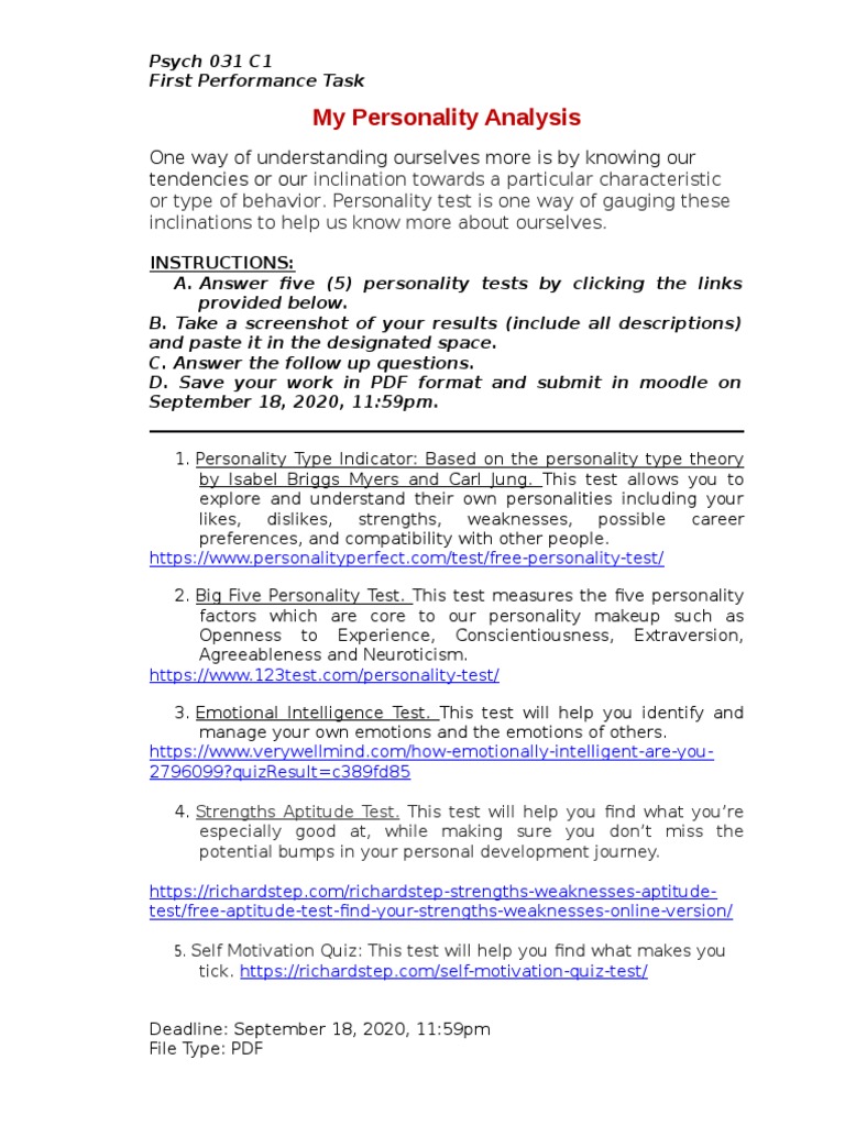 First Performance Task My Personality Analysis | PDF | Extraversion And Introversion ...