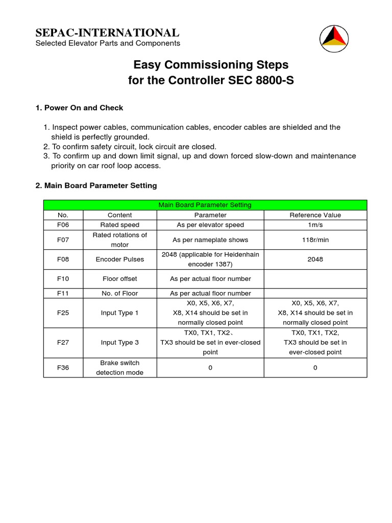 Sepac Elevator Easy Commissioning Steps | PDF | Elevator | Power Inverter