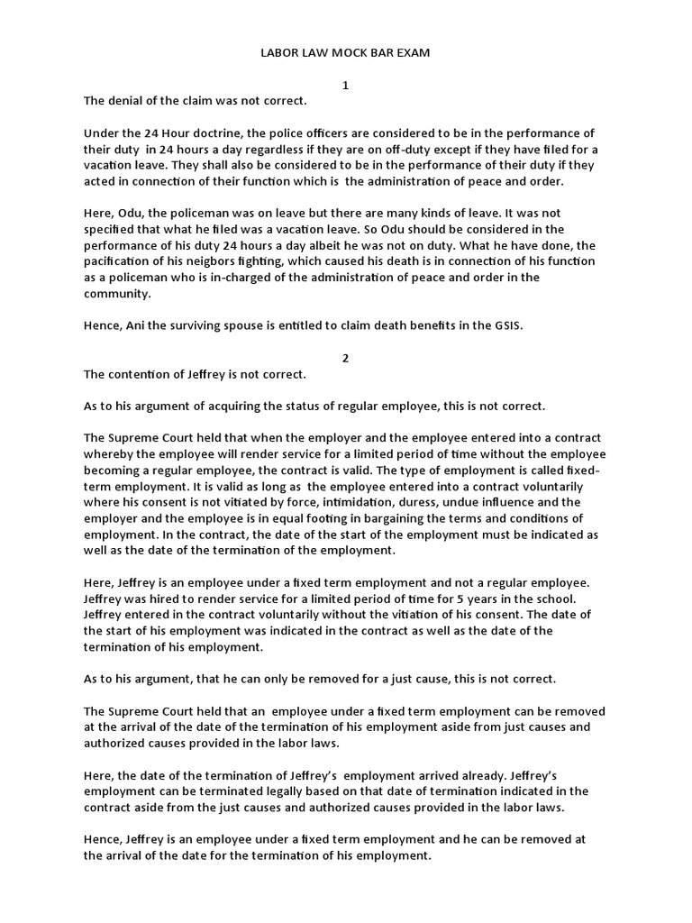 Labor Law Mock Bar Exam Insights | PDF | Employment | Sexual Harassment