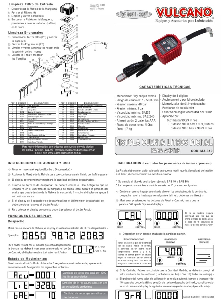 Manual Pistola Cuenta Litros Digital | PDF | Tornillo | Calibración