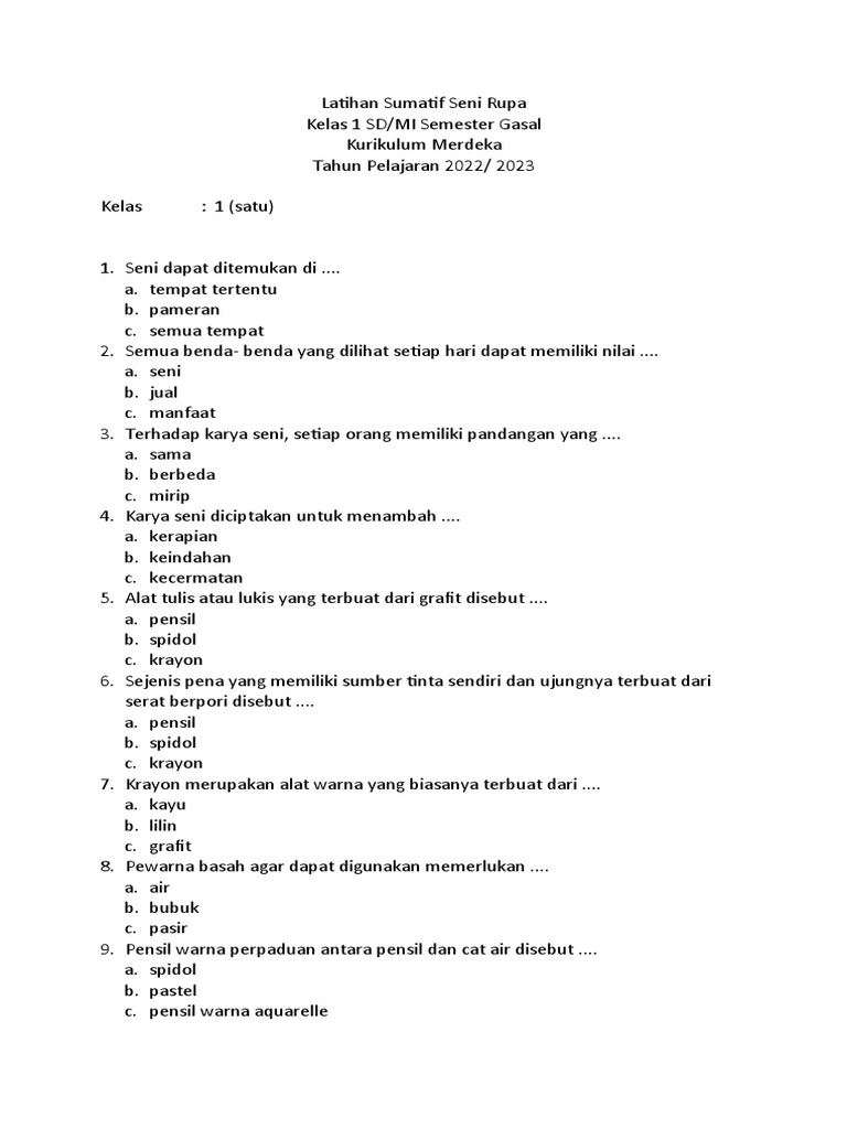 Soal Sumatif Seni Rupa Kelas 1 | PDF