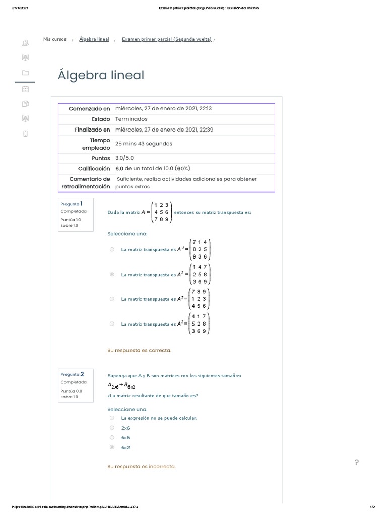 Examen Primer Parcial (Segunda Vuelta) - Algebra Lineal Revisión Del Intento | Descargar gratis ...