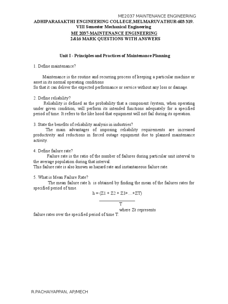 Maintenance Engineering Questions and Answers | PDF | Reliability ...