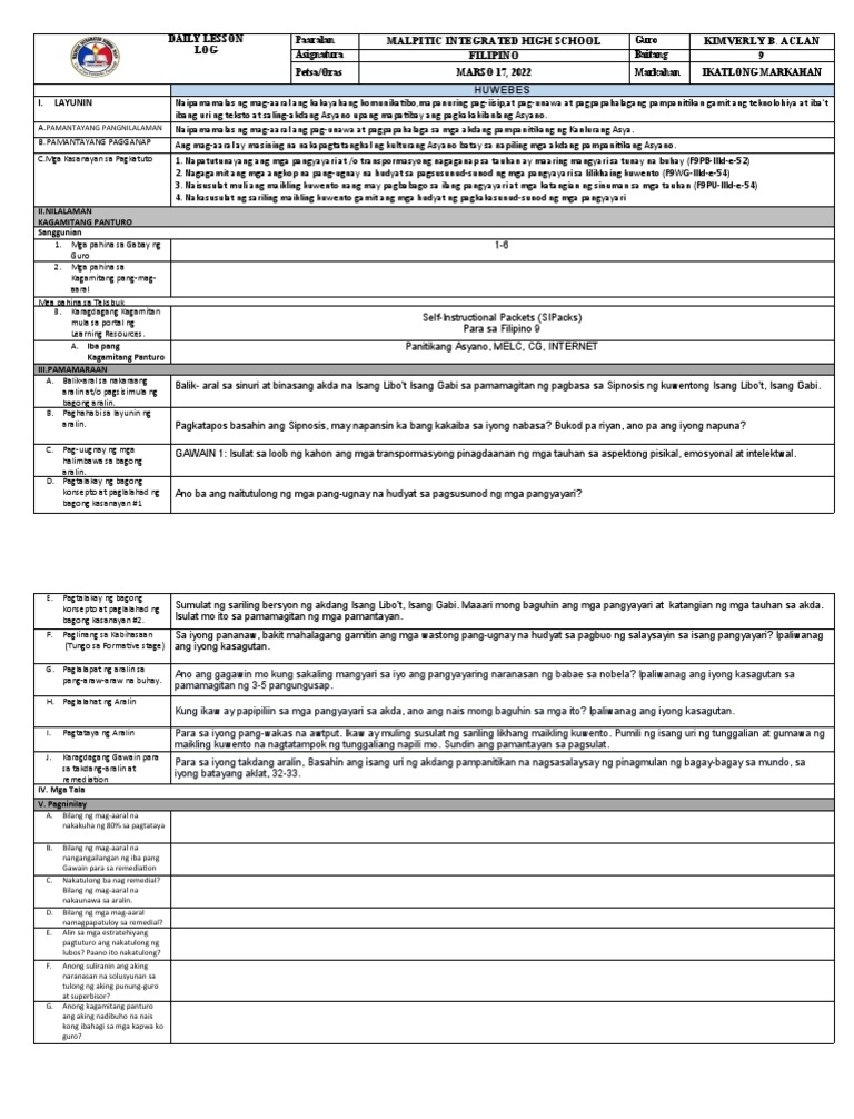 DLL Filipino 9 W4 Q3 | PDF