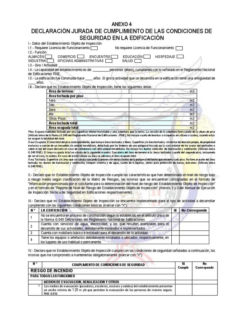 Anexo 4 - Declaración Jurada de Condiciones de Seguridad. | PDF | Sótano | Construyendo tecnología