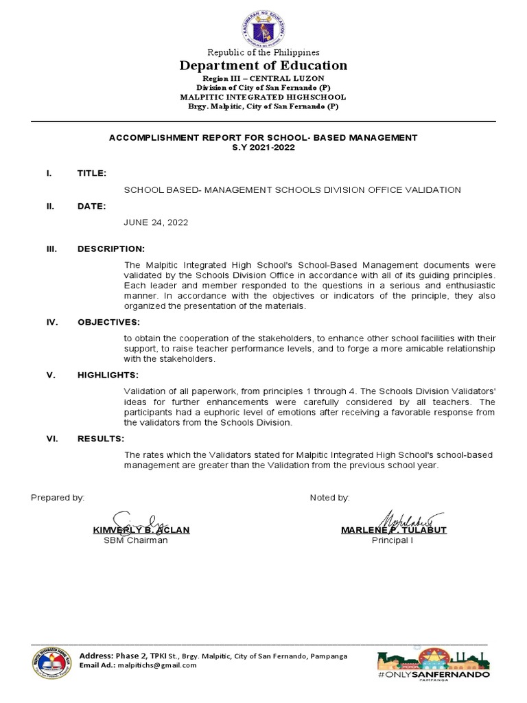 Accomplishment Report For SBM 2021 2022 | PDF