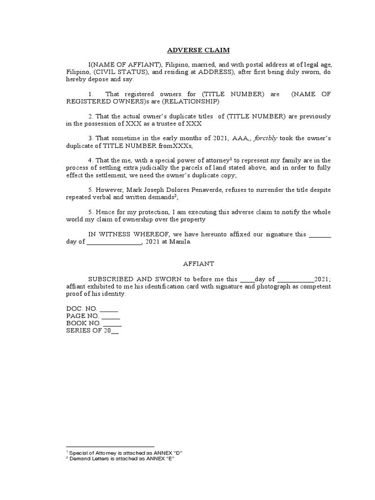 Adverse Claim - DRAFT | PDF | Law