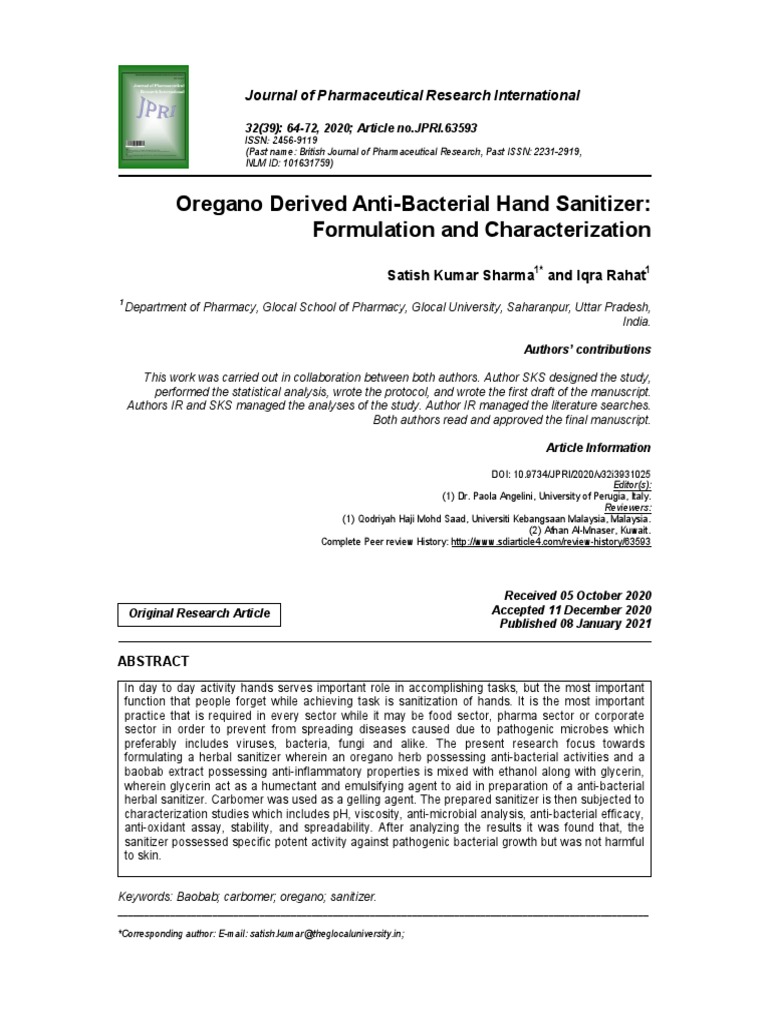 Oregano Derived Anti-Bacterial Hand Sanitizer: Formulation and ...