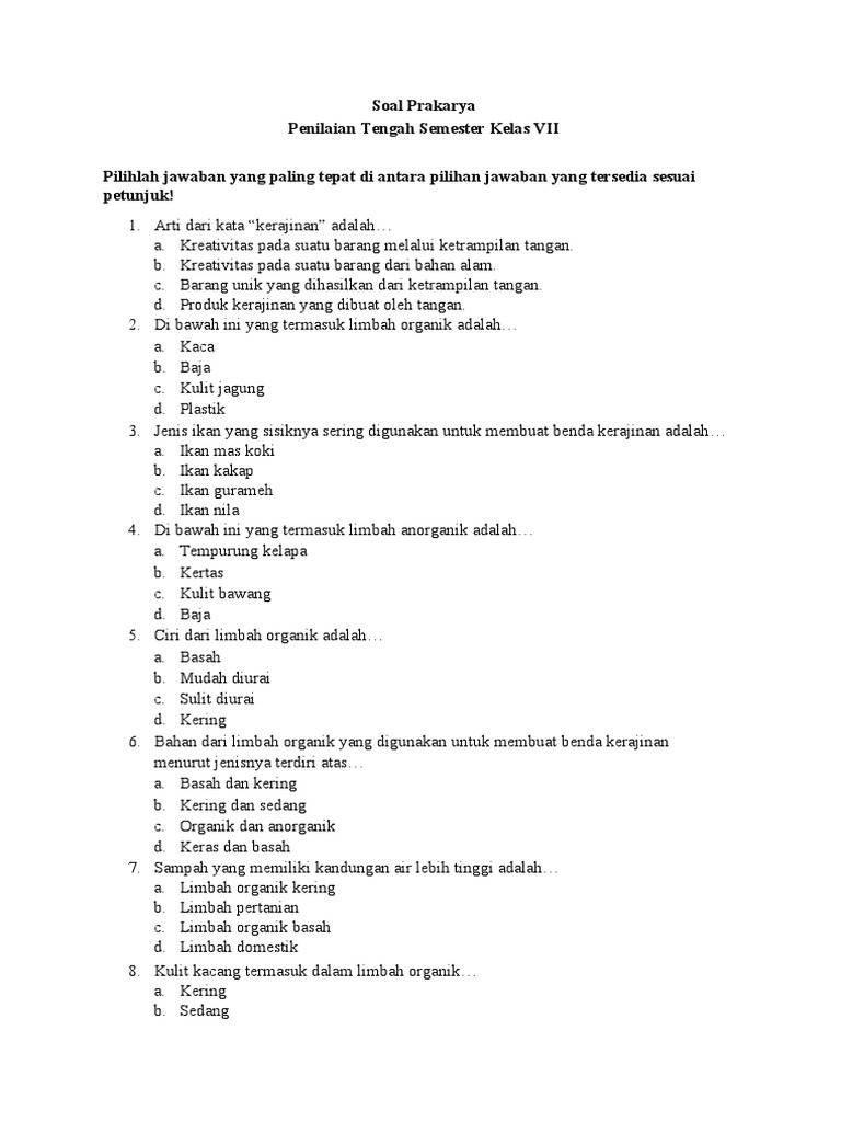 Soal Prakarya (PTS) Kelas Viii-Dikonversi | PDF