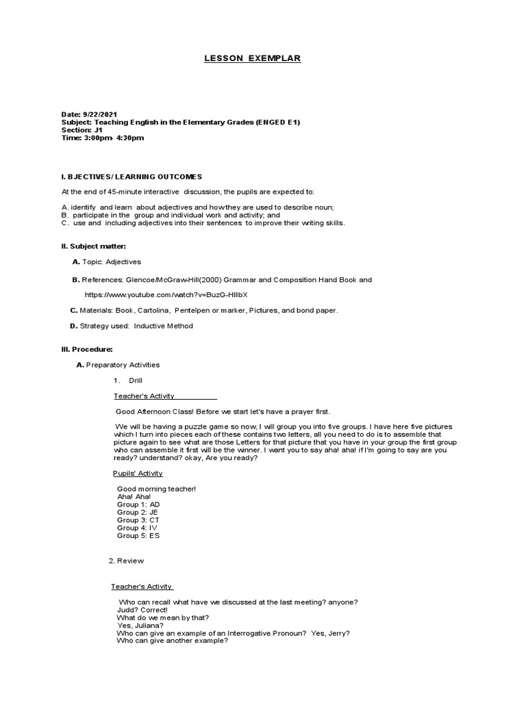 Lesson Exemplar | PDF | Adjective | Noun