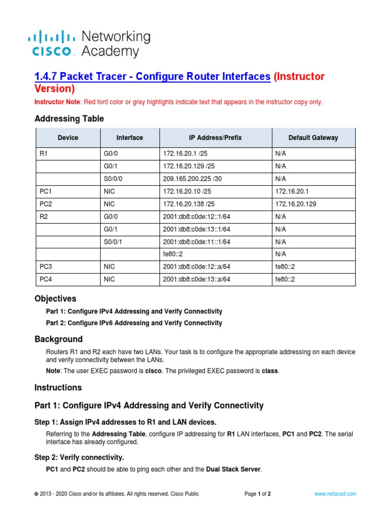 1 4 7 Packet Tracer Configure Router Interfaces Pdf I Pv6 Ip