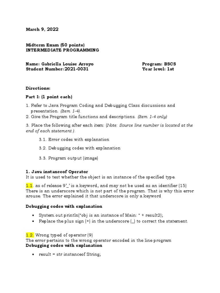 Intermediate Programming Midterm Exam Pdf Integer Computer Science Variable Computer 1643