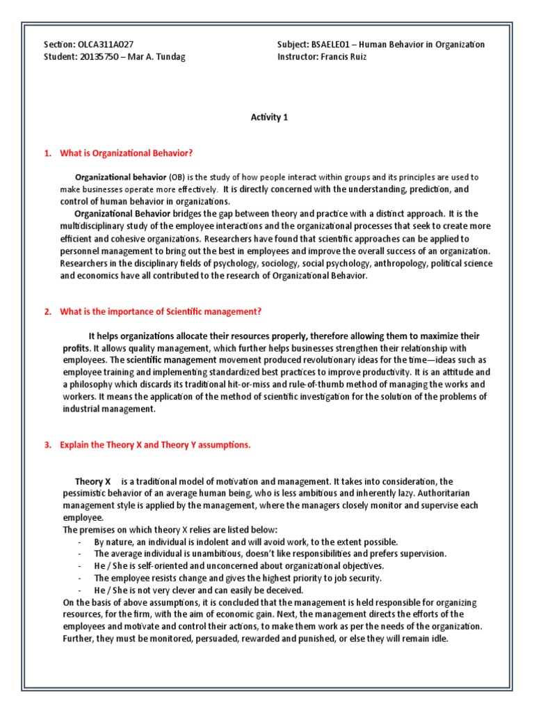 Activity 1 | PDF | Organizational Behavior | Business