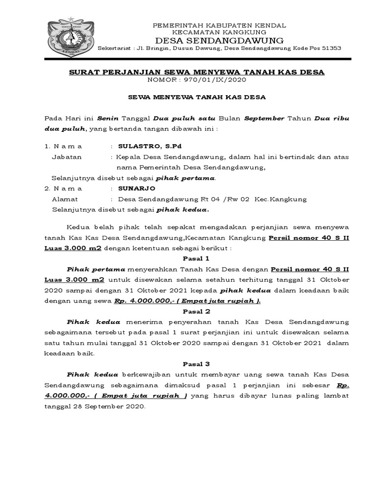 Perjanjian Sewa Tanah Kas Desa | PDF