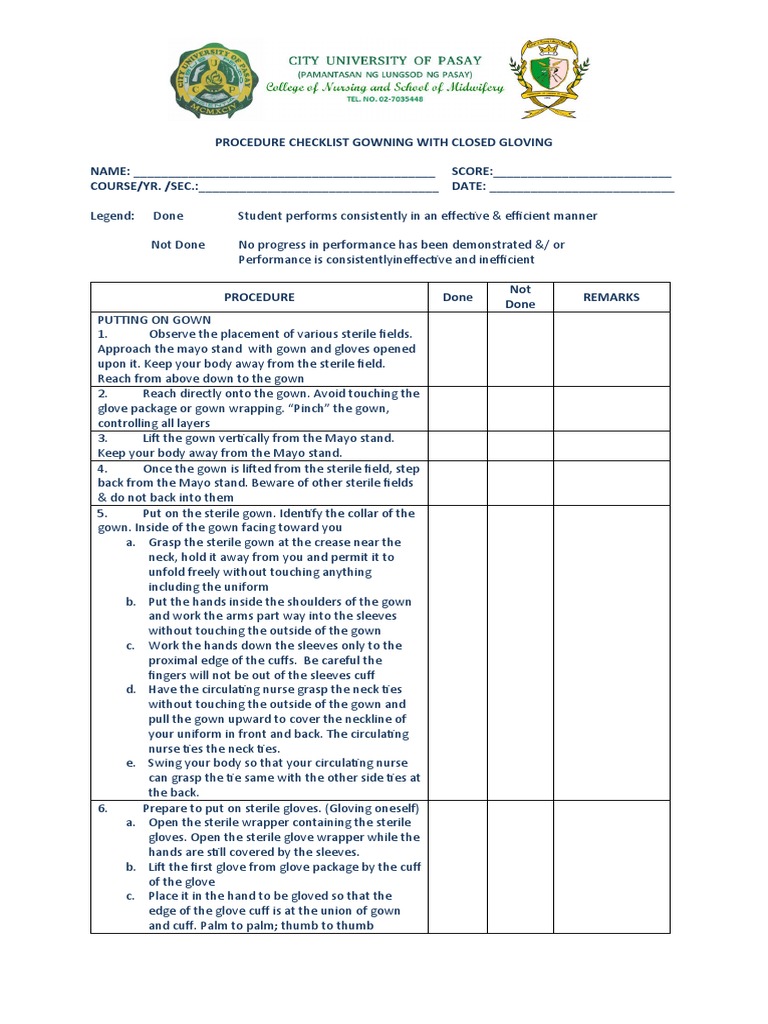 Procedure Checklist Gowning With Closed Gloving | PDF | Glove | Hand