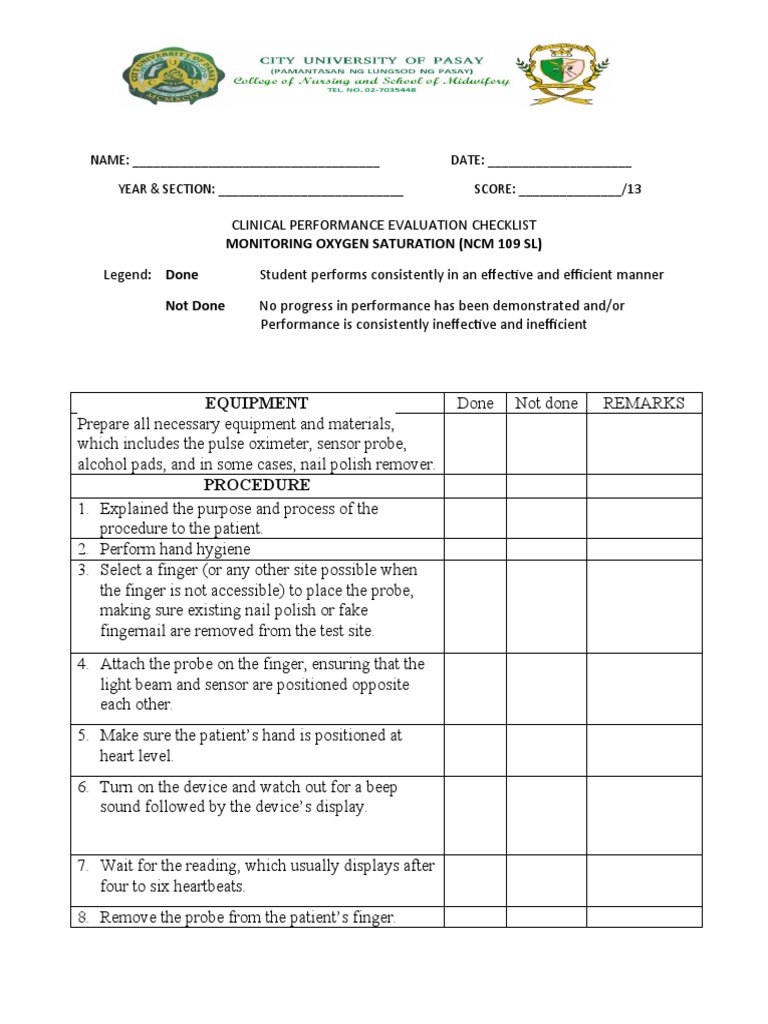 Monitoring Oxygen Saturation Checklist | PDF