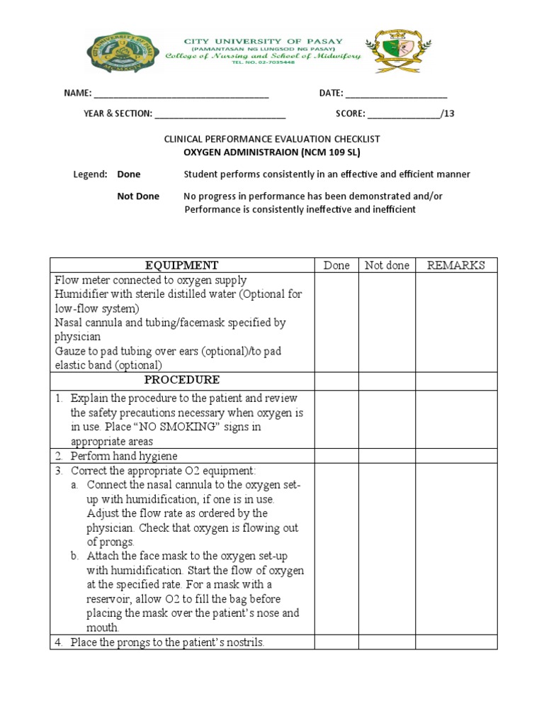 Oxygen Administration Checklist | PDF | Equipment | Medical Specialties