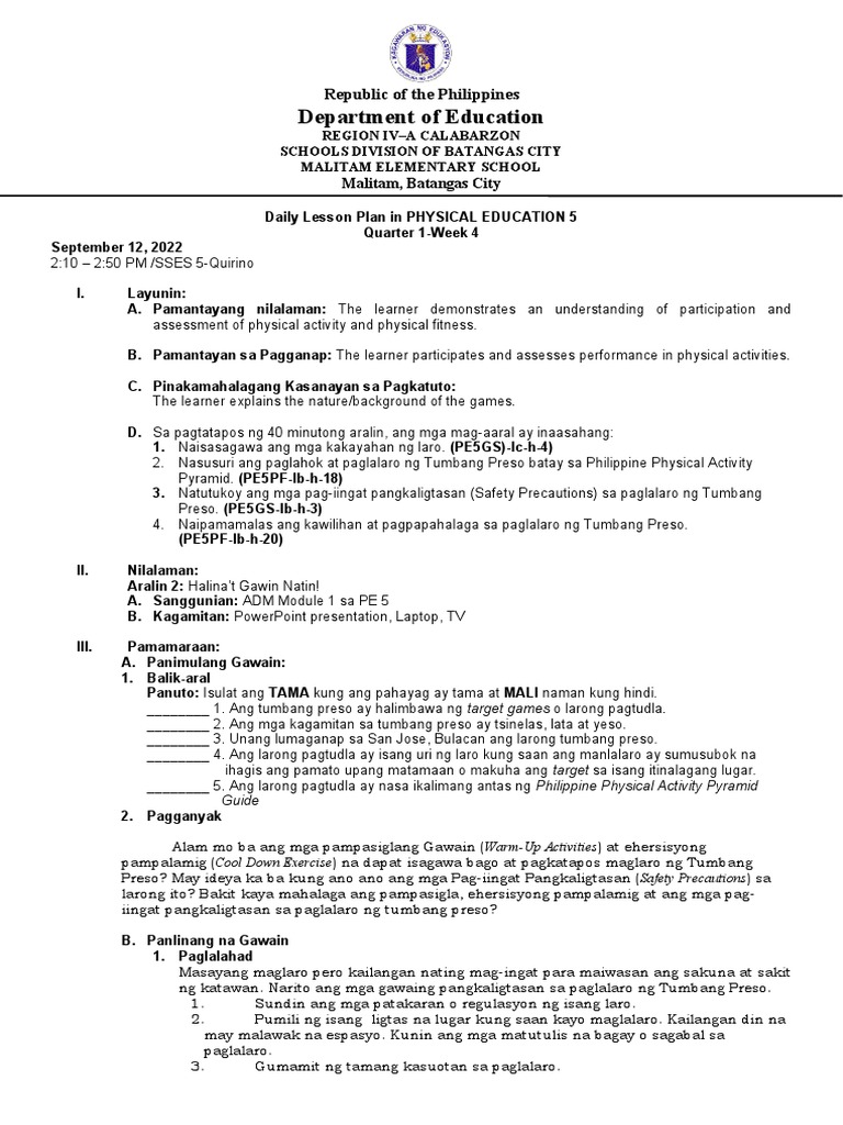 DLP Pe 5 q1 Week 4 | PDF