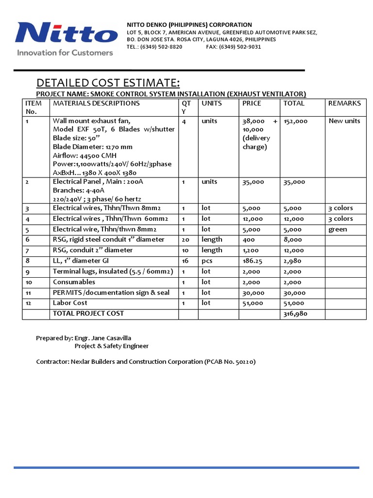 Detailed Cost Estimate Smoke Control | PDF