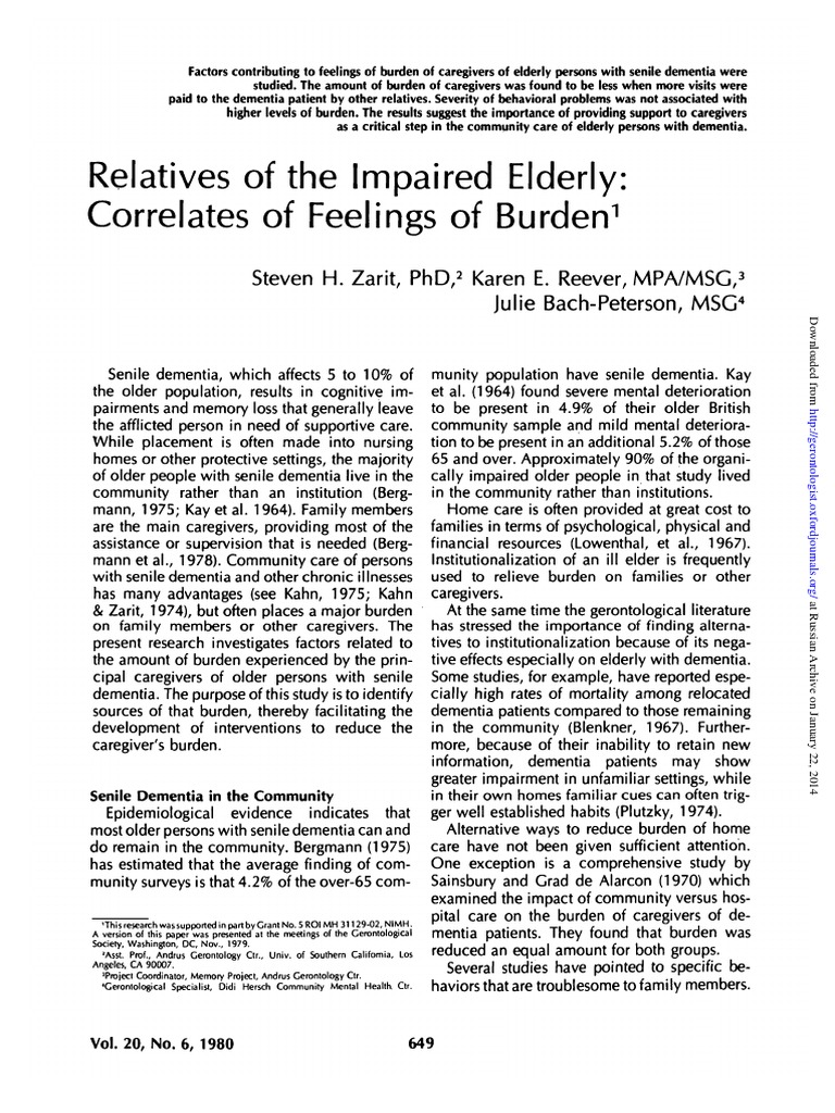 Relatives of The Impaired Elderly, Correlates of Feeling of Burden ...