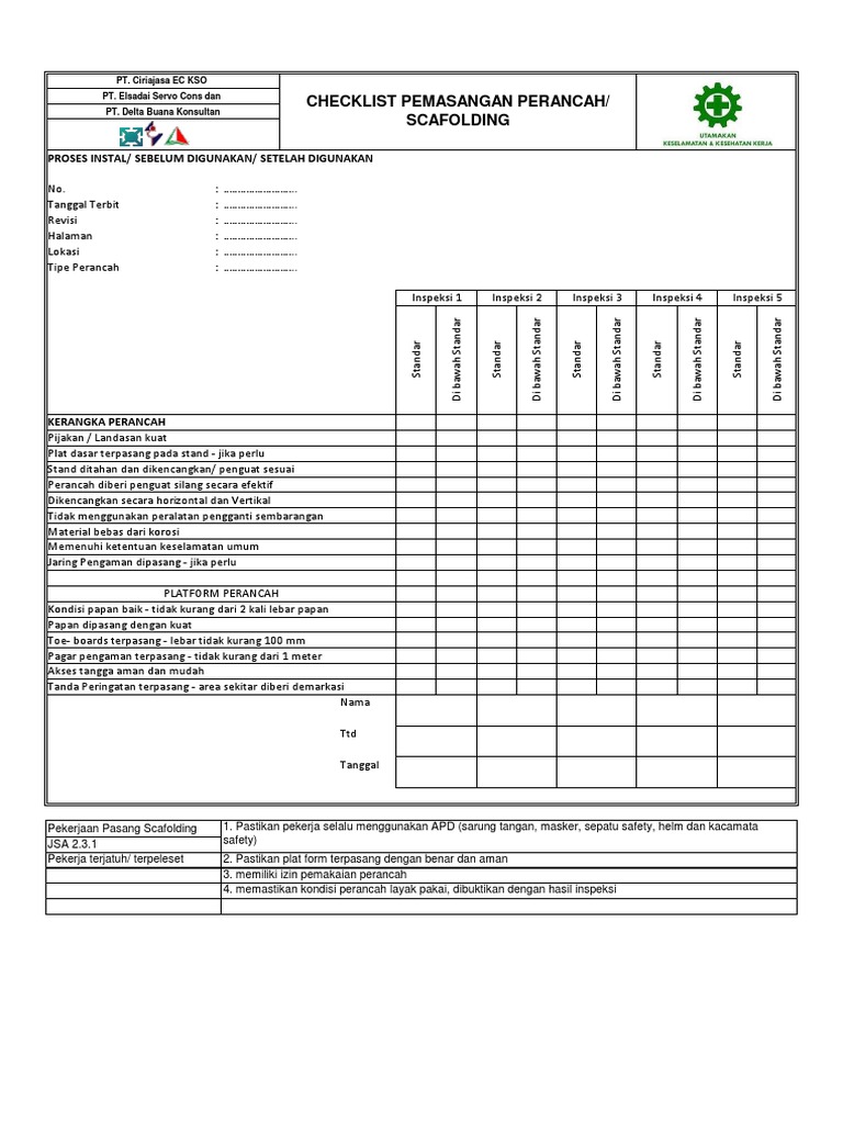 Checklist Pemasangan Scaffolding Aman | PDF