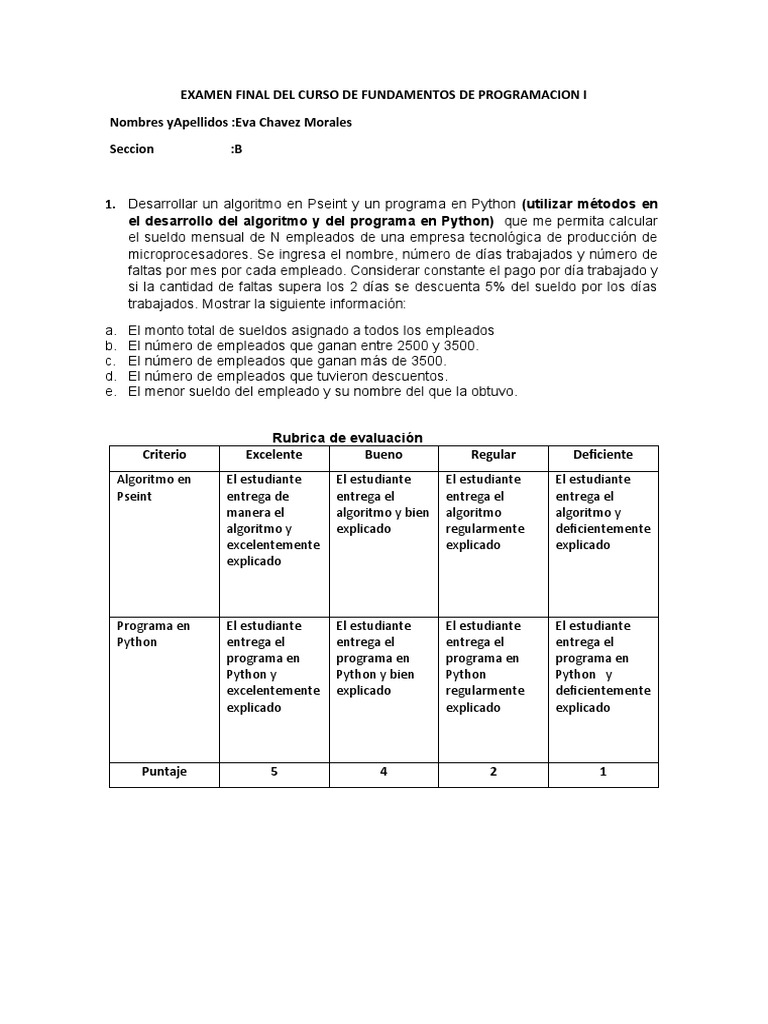 EXAMEN FINAL DEL CURSO DE FUNDAMENTOS DE PROGRAMACION I de Eva Chavez ... EXAMEN FINAL DEL CURSO DE FUNDAMENTOS DE PROGRAMACION I de Eva Chavez ...