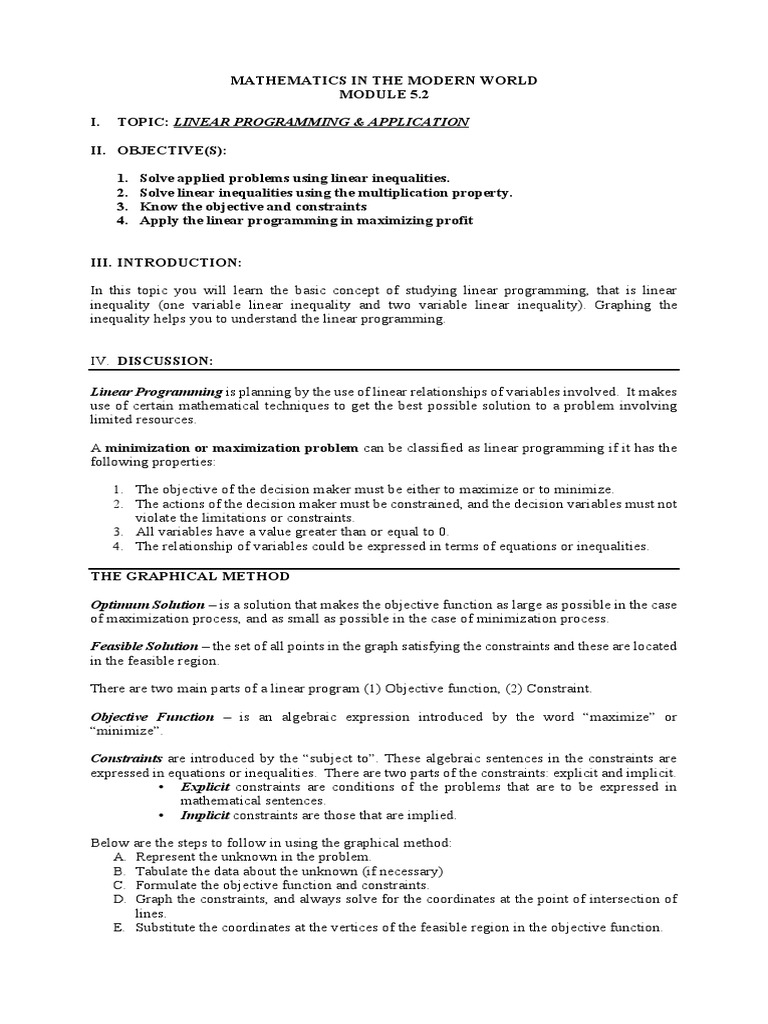 MMW Module 5.2 - Linear Programming & APPLICATIONS | PDF | Linear ... MMW Module 5.2 - Linear Programming & APPLICATIONS | PDF | Linear ...
