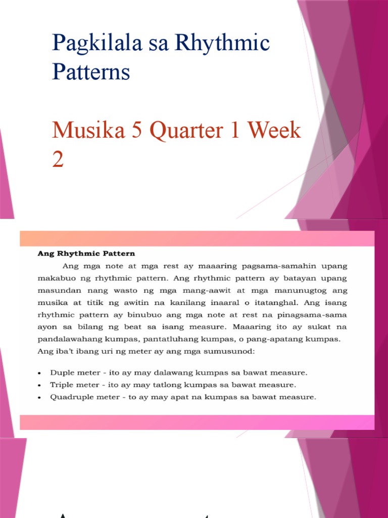 Musika 5 Q1 W2 Pagsasanay #1 Pagkilala Sa Rhythmic Patterns | PDF