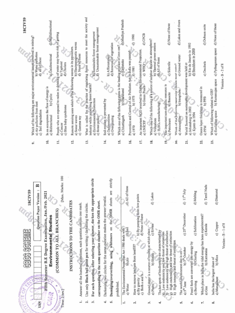 VTU Question Paper of 18CIV59 Environmental Studies Jan-2021 | PDF
