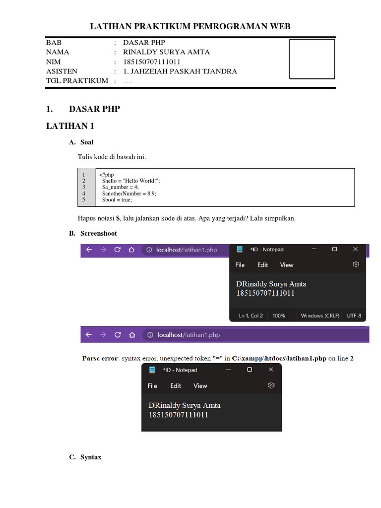 Dasar Pemrograman Web dengan PHP: Latihan Dasar Sintaks PHP | PDF