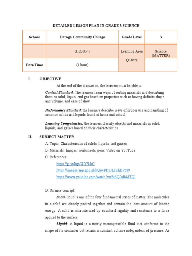 Detailed Lesson Plan in Grade 3 Science | PDF | Gases | Solid