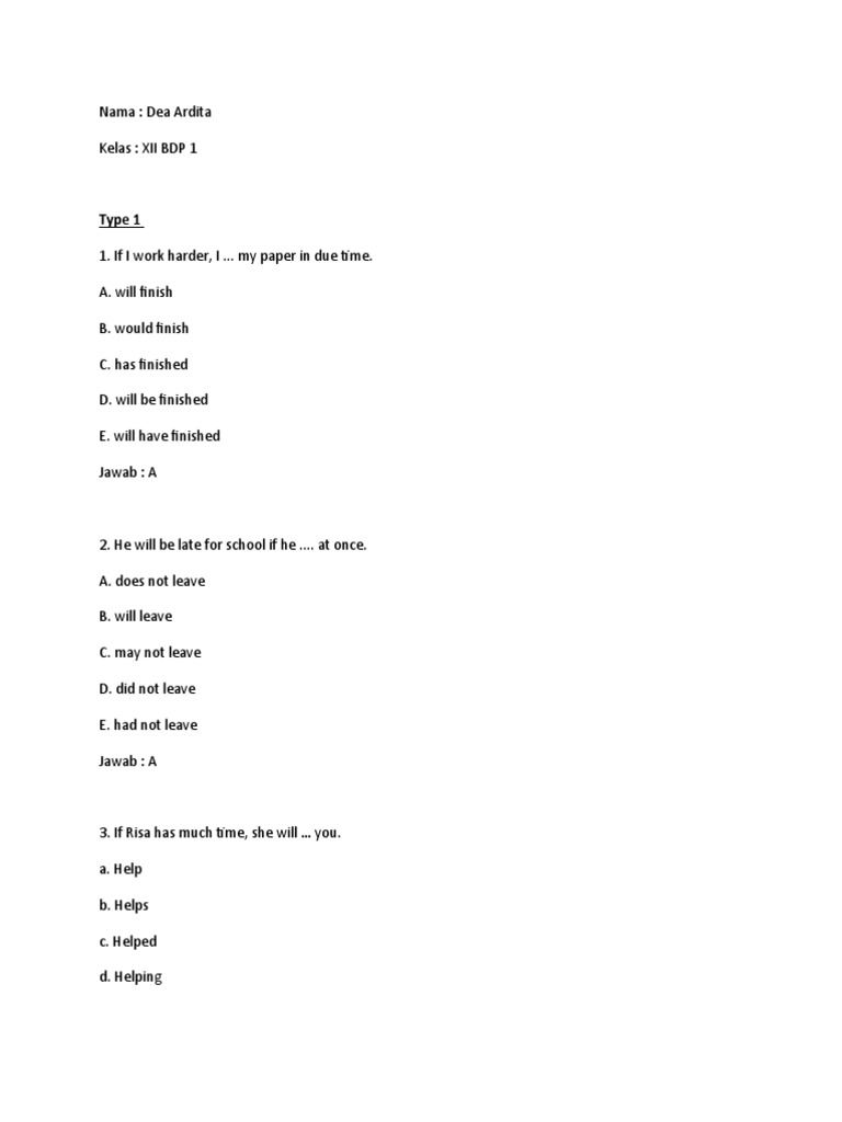 Contoh Soal Conditional Sentence Type1,2,3 Dea (20) XIIBDP1 | PDF Contoh Soal Conditional Sentence Type1,2,3 Dea (20) XIIBDP1 | PDF