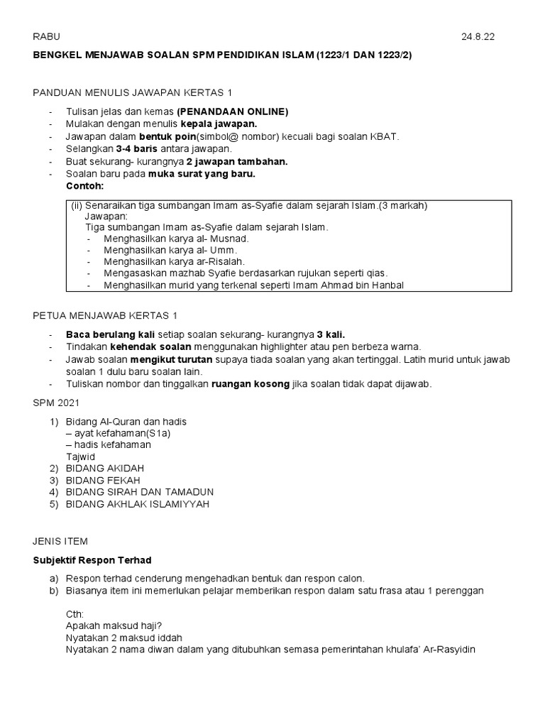 Bengkel Menjawab Soalan SPM Pendidikan Islam | PDF