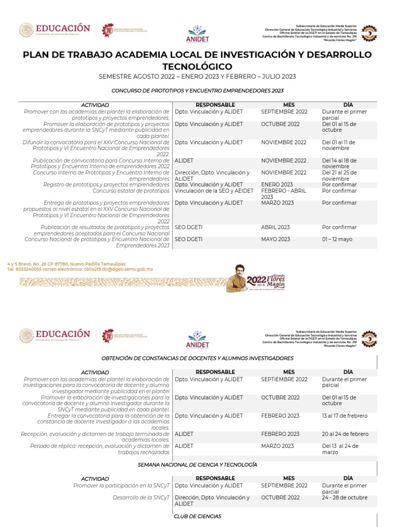 Plan de Trabajo ALIDET Ago22-Ene23 | PDF