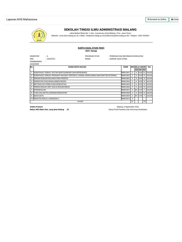 Kartu Hasil Studi Mahasiswa | PDF