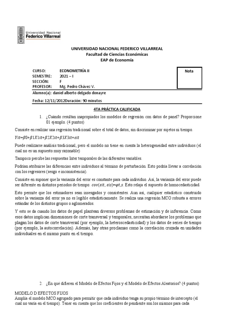4ta Práctica Calificada Resolucion | PDF | Modelo de efectos fijos | Mínimos cuadrados ordinarios