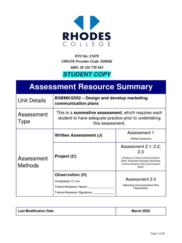 SA Tool - BSBMKG552 - Design and Develop Marketing Communication Plans ...