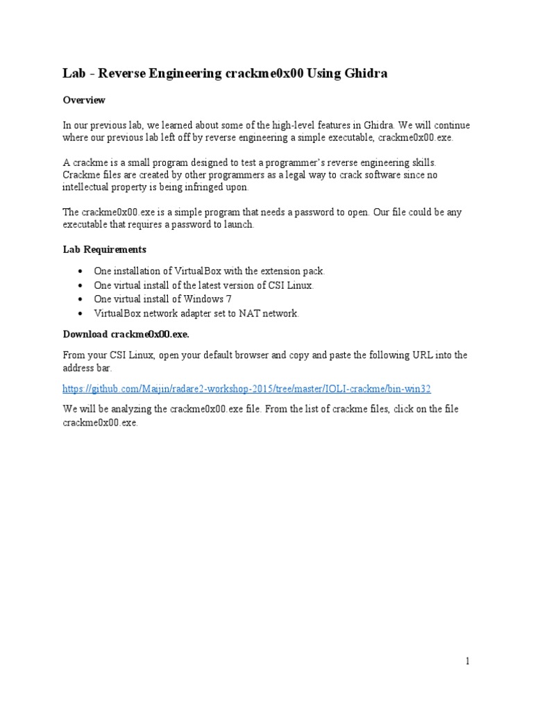 Lab - Reverse Engineering Crackme0x00 Using Ghidra | PDF | Computer ...