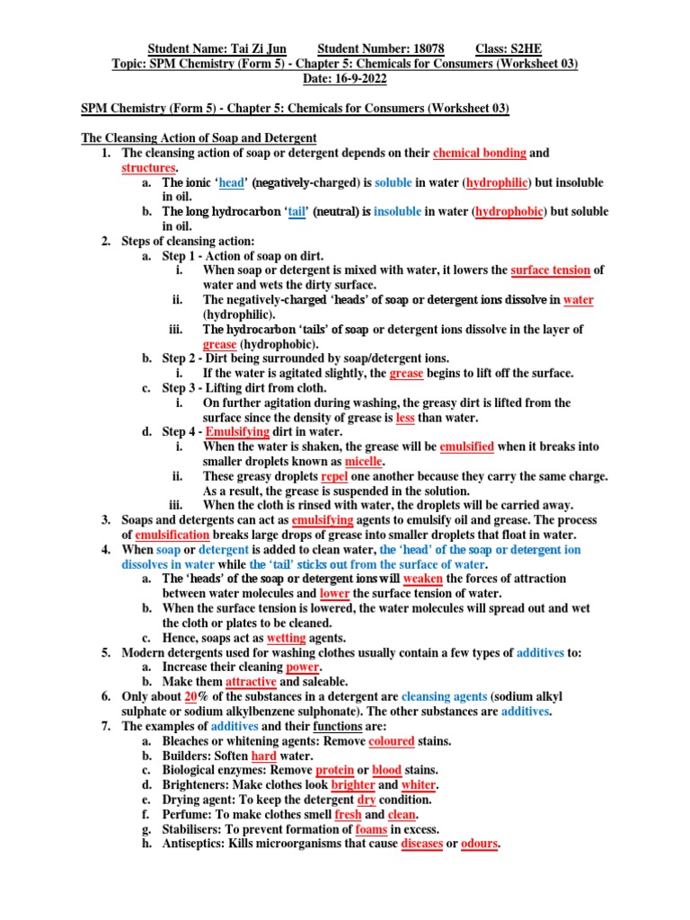 SPM Chemistry (Form 5) - Chapter 5 - Chemicals For Consumers (Worksheet ...