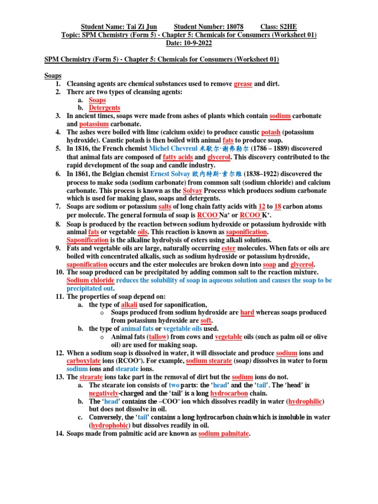 SPM Chemistry (Form 5) - Chapter 5 - Chemicals For Consumers (Worksheet ...