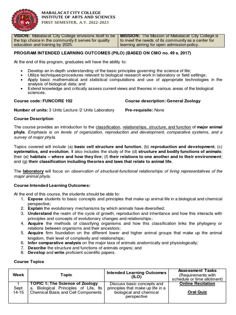 Course Outline FUNCORE 102 General Zoology 1st Sem 2022-2023 | PDF